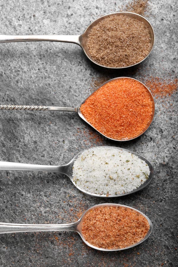 Different Kinds of Salt on Grey Table, Flat Lay Stock Photo - Image of ...