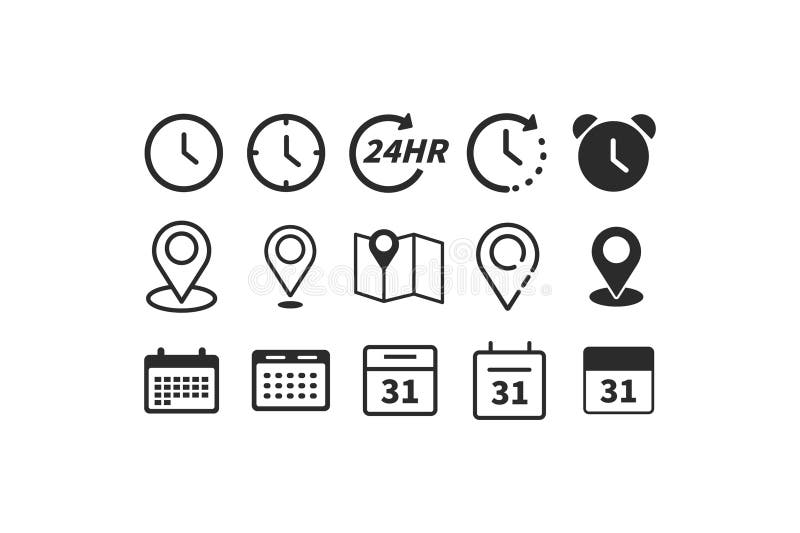 Different Kinds of Time, Date and Location Icon Designs. Stock ...