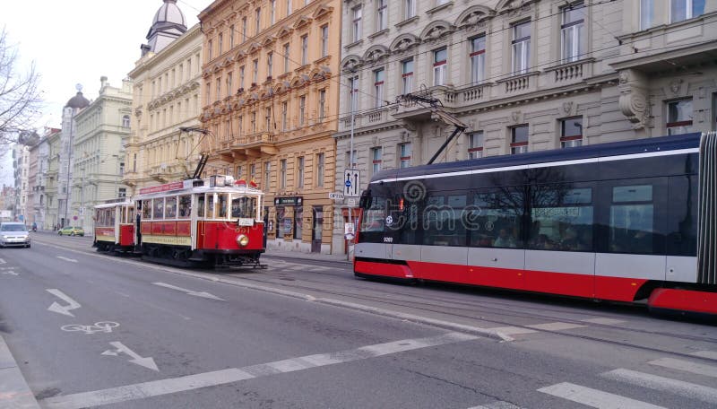 The Photo of the Historic and the Modern Trams in Prague Editorial ...