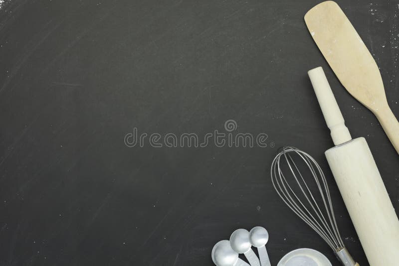 Different Kitchen Tools on Dark Black Background. Baking Ingredient Top ...