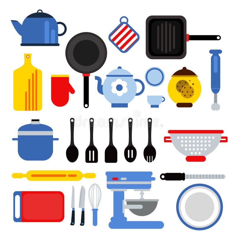 Different Kitchen Tools Set Isolated on White. Vector Illustrations in ...