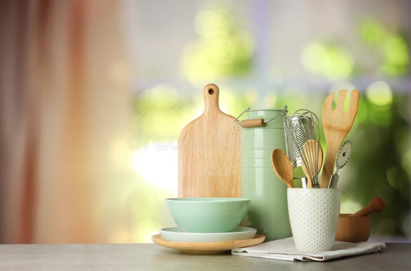 Different Kitchen Utensils on Grey Table Indoors, Space for Text. Bokeh ...
