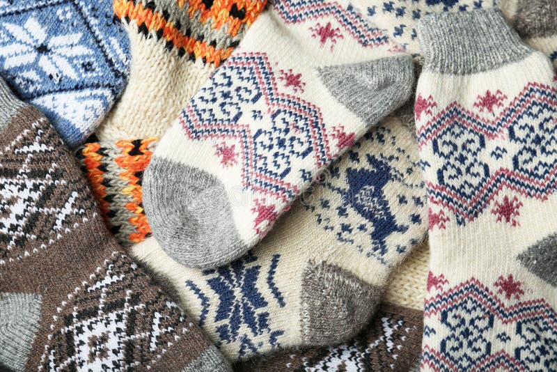 Different Knitted Woolen Socks, Closeup Stock Image - Image of garment ...