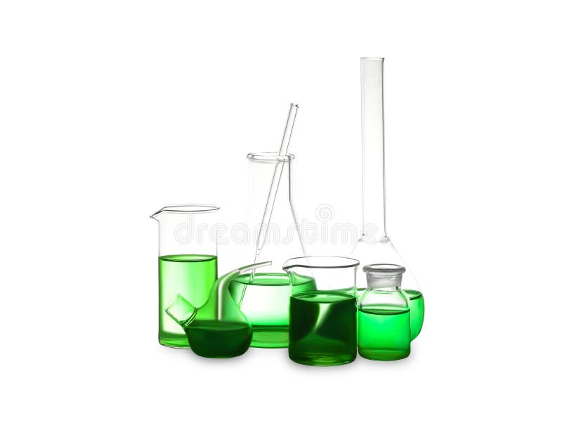 Different Laboratory Glassware with Green Liquid Isolated on White ...