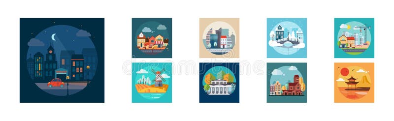 Different Landscape and Scene View Icon Vector Set Stock Illustration ...