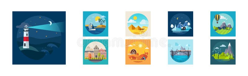 Different Landscape and Scene View Icon Vector Set Stock Illustration ...