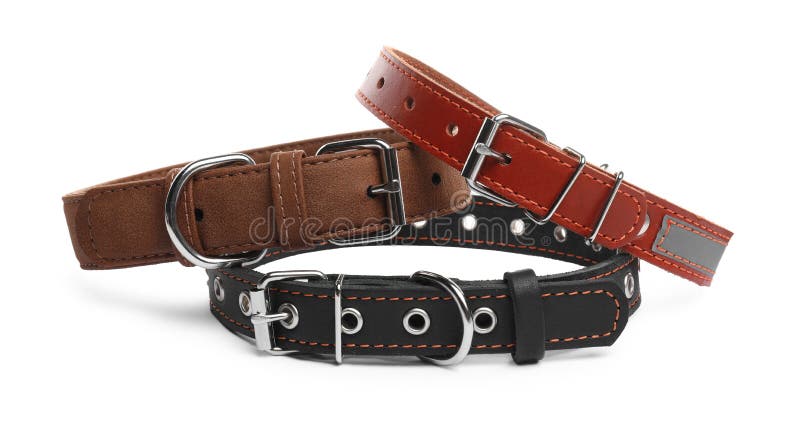 Different Leather Dog Collars on White Background Stock Photo - Image ...