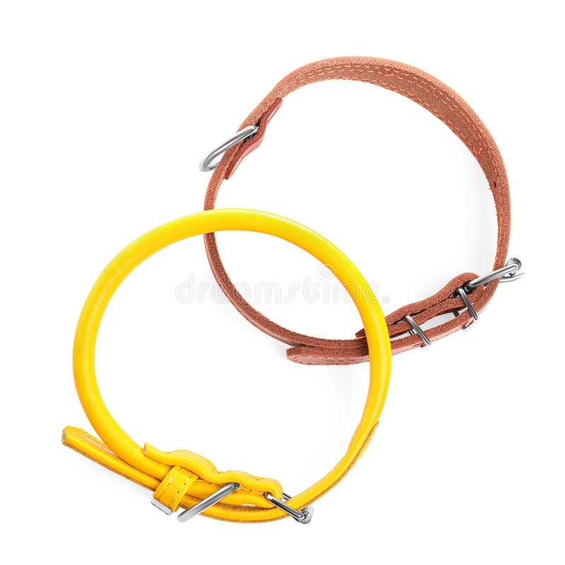 Different Leather Dog Collars on Background, Top View Stock Photo ...