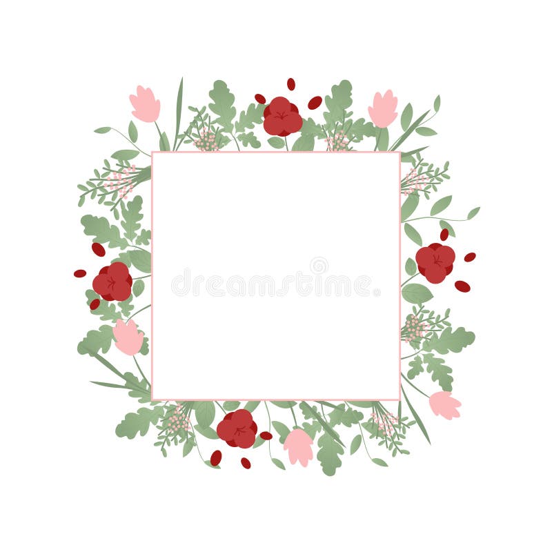 Different Leaves, Plants and Flowers Around the Square Frame. Vector ...