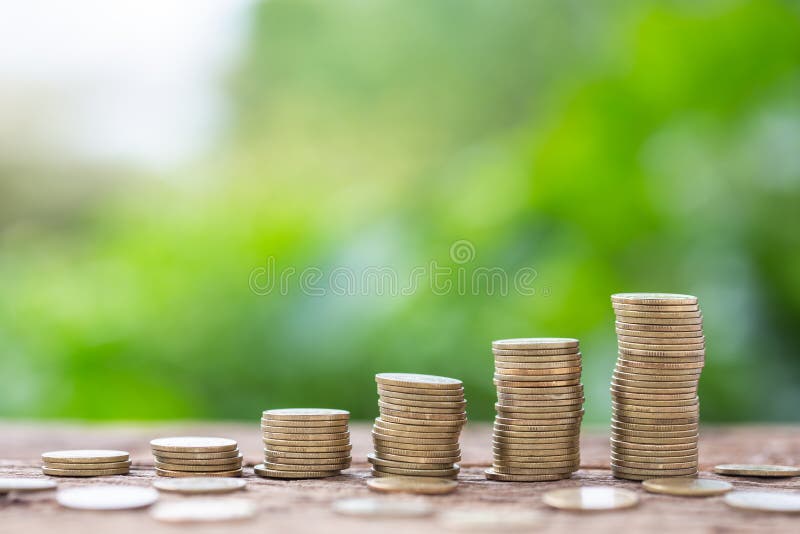 Different Level of Coin Stack with Water Drop and Tree Growing O Stock ...
