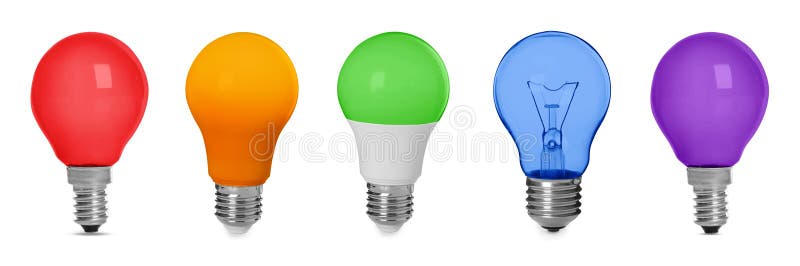 Different Light Bulbs with Colorful Glass on White Background, Set ...