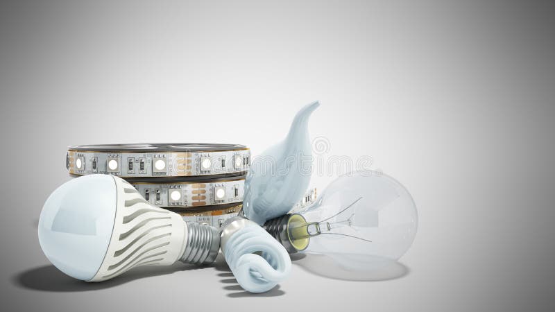 Different Lighting Bulbs Set 3d Render on Grey Background Stock ...