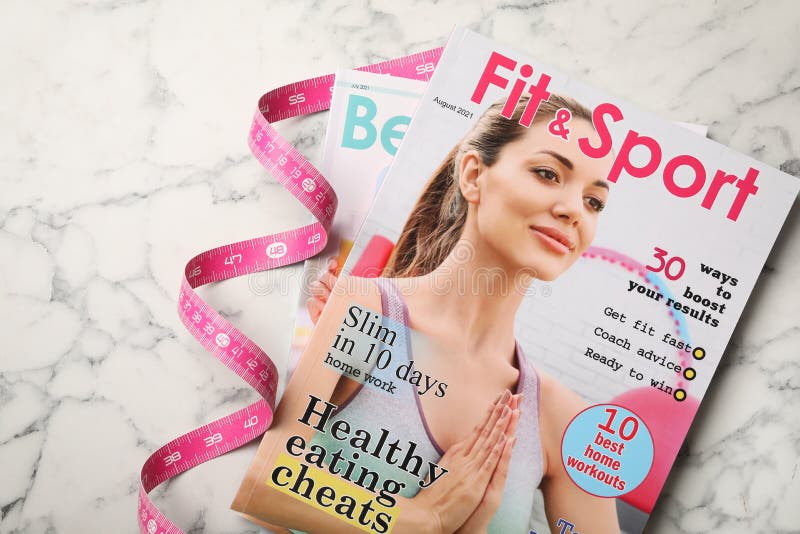 Different Magazines and Measuring Tape on White Marble Table, Flat Lay ...