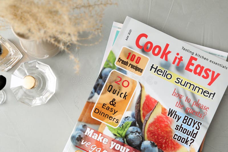 Different Magazines and Perfumes on Grey Table, Flat Lay Stock Image ...