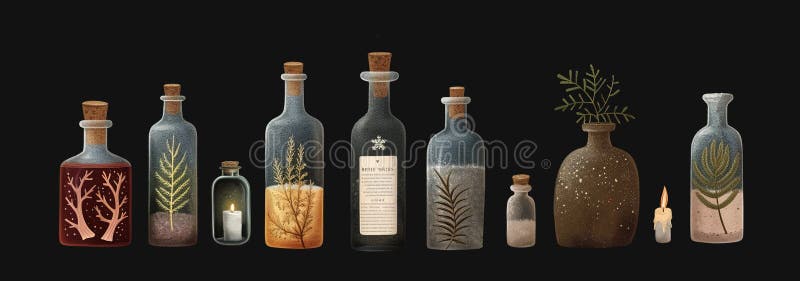 Different Magic Potions and Exilir Bottles on Dark Wide Background ...