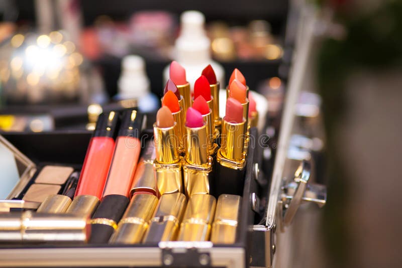 Different Makeup Cosmetics in Carrying Case. Professional Makeup and ...