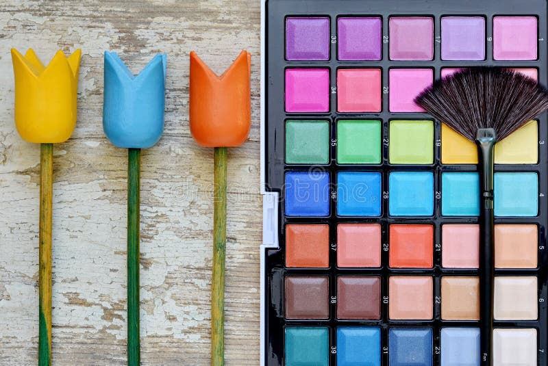 Different Makeup Cosmetics on Rustic White Wooden Table. Stock Image ...