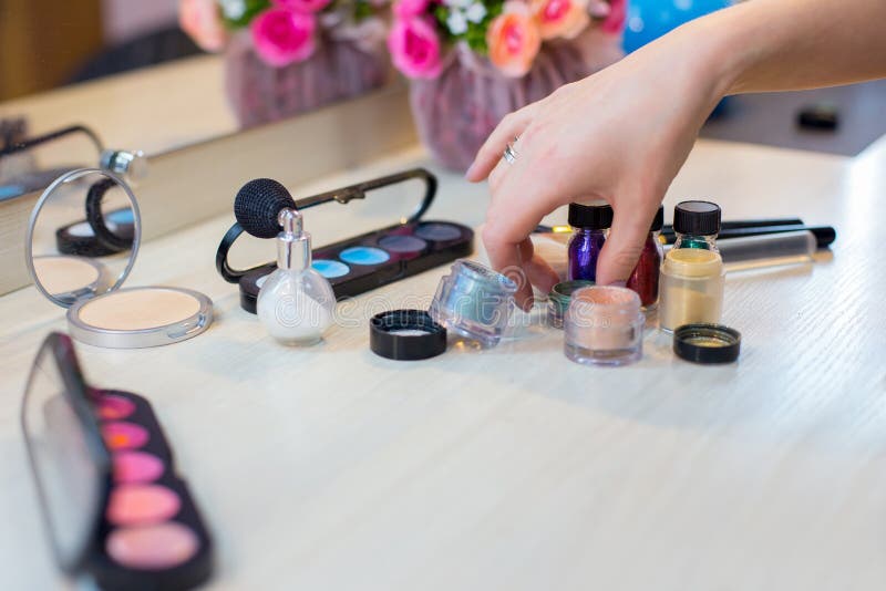 Different Makeup Items on the Table Stock Image - Image of eyeshadow ...