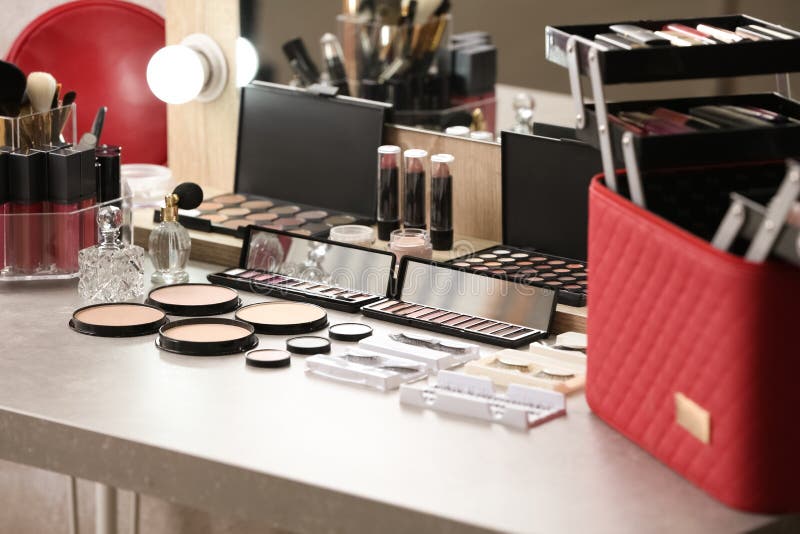 Different Makeup Products and Accessories on Dressing Table Stock Image ...