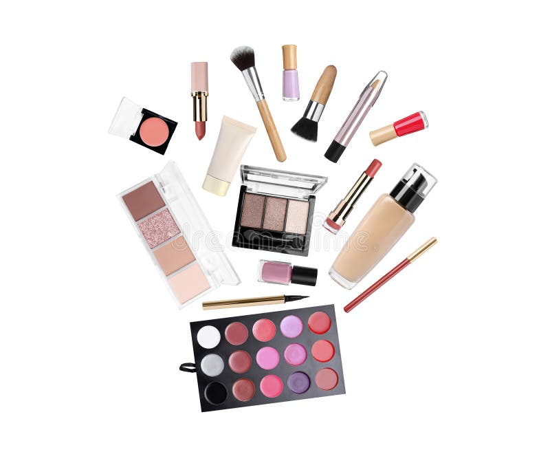 Different Makeup Products in Air on White Background Stock Photo ...