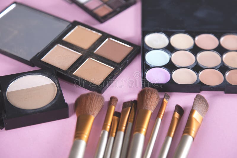 Different Makeup Products and Brushes Stock Image - Image of table ...