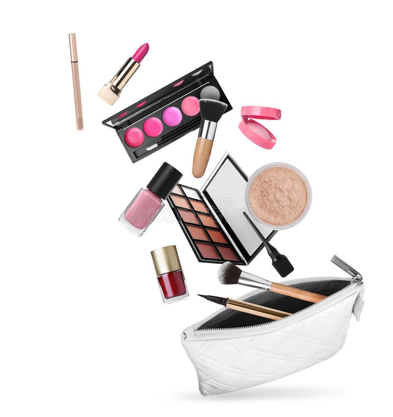 Different Makeup Products and Cosmetic Bag in Air on White Background ...
