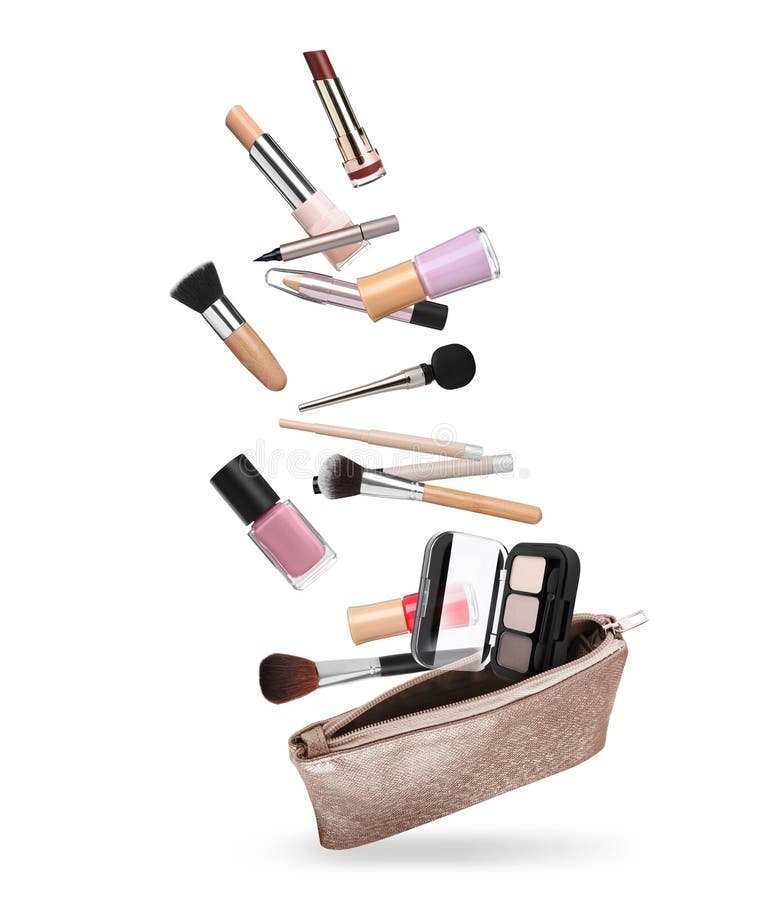 Different Makeup Products and Cosmetic Bag in Air on White Background Stock Photo - Image of ...
