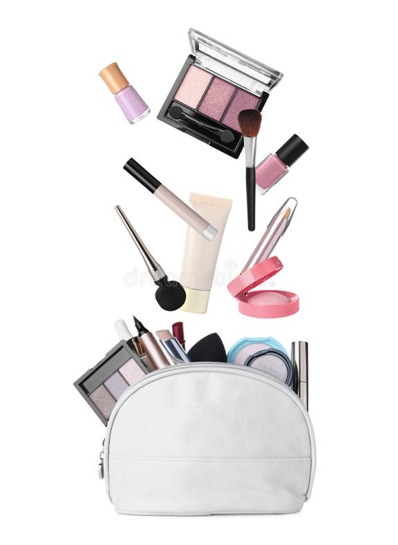 Different Makeup Products Falling into Cosmetic Bag on White Background ...