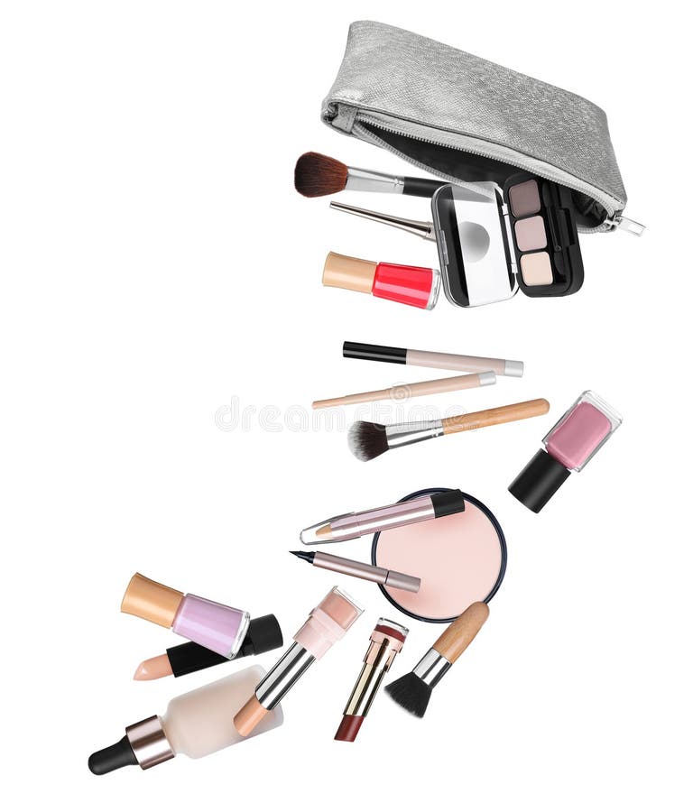 Different Makeup Products Falling Out of Silver Cosmetic Bag on White ...