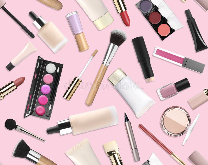 Different Makeup Products Flying on Pink Background Stock Image - Image ...