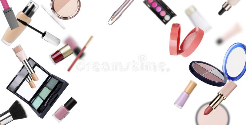 Different Makeup Products Flying on White Background Stock Illustration ...