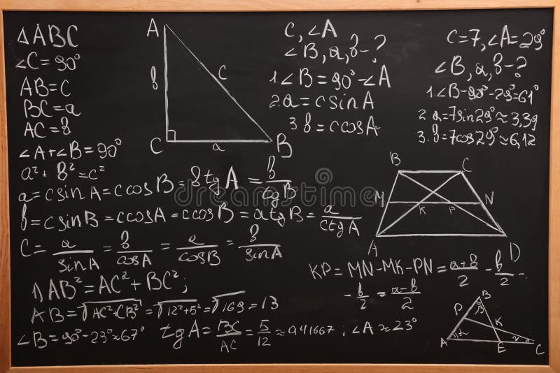 Different Mathematical Formulas Written with Chalk on Blackboard Stock ...