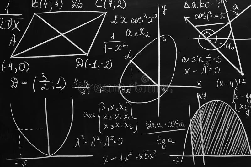 Different Mathematical Formulas Written with Chalk on Blackboard Stock ...