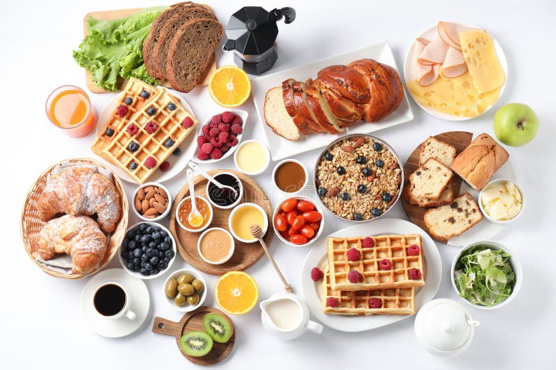 Different Meals Served for Breakfast on White Table, Flat Lay Stock ...