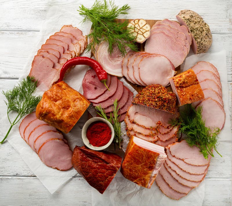 Different Meat Snack Plate Smoked Top View Pork Bacom Ham Stock Photo ...