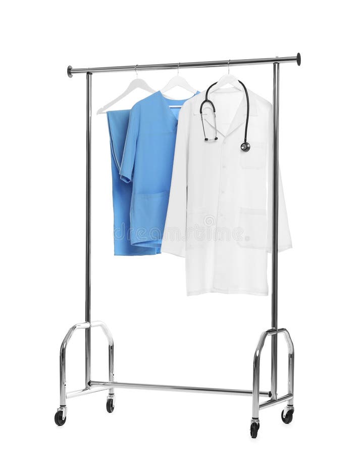 Different Medical Workers Uniforms Stethoscope Clothing Rack Against ...
