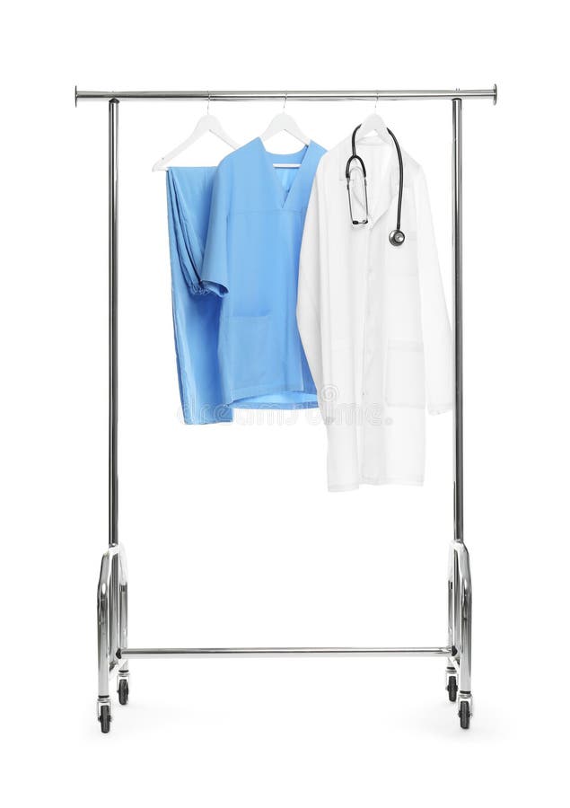 Different Medical Workers Uniforms and Stethoscope on Clothing Rack ...