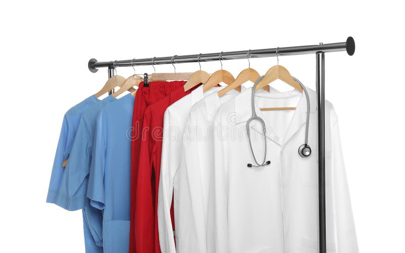Different Medical Workers Uniforms and Stethoscope on Clothing Rack ...