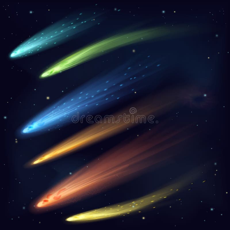 Different Meteors, Comets and Fireballs Set in Galaxy Space. Stock ...