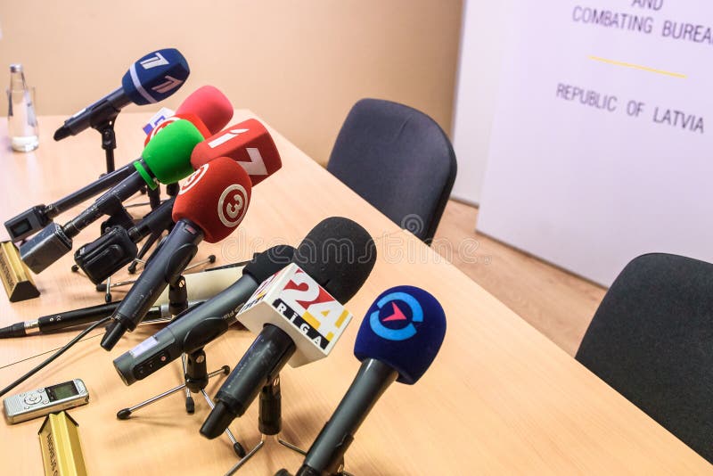 Microphones At Press Conference Stock Image - Image of interview ...