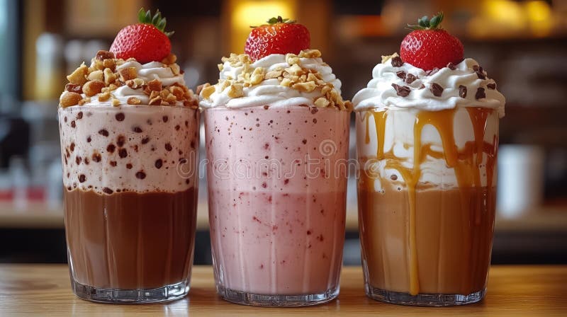 Different Milkshakes Set with Nuts, Caramel, Strawberry and Whipped ...