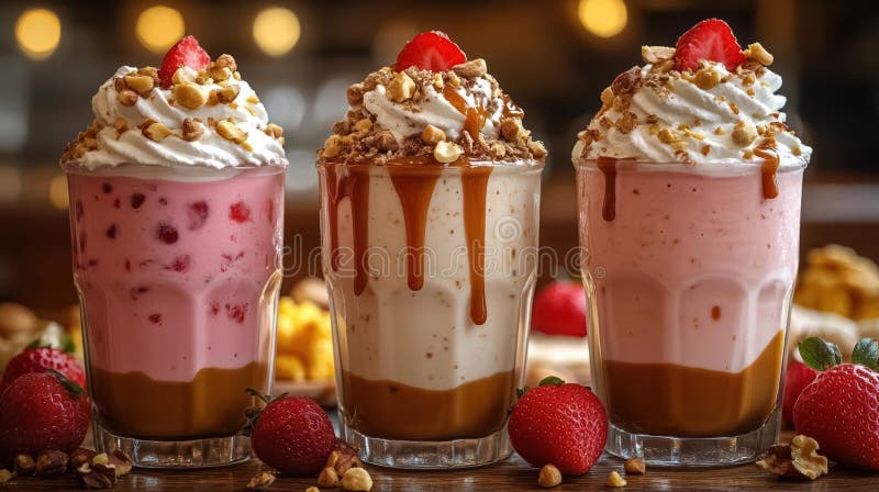 Different Milkshakes Set with Nuts, Caramel, Strawberry and Whipped ...