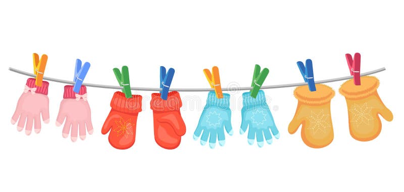 Different Mittens Hanging on the Rope, Set, Vector Illustration. Wool ...