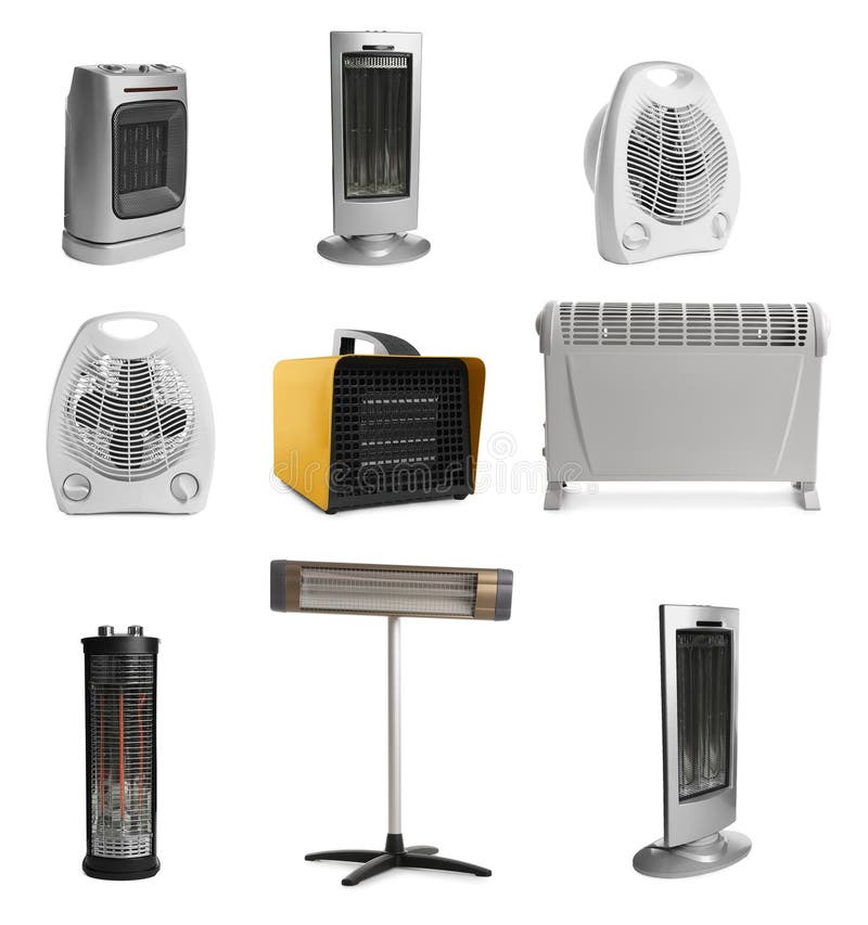 Different Modern Electric Heaters on White Background, Collage Stock ...