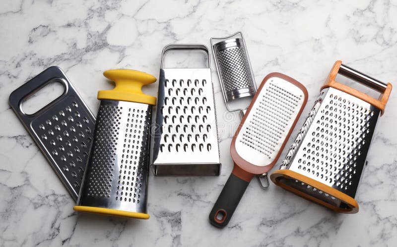 Different Modern Graters on White Marble Table, Flat Lay Stock Image ...