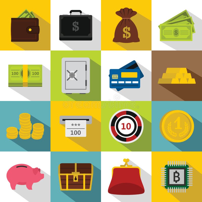 Different Money Icons Set, Flat Style Stock Vector - Illustration of ...