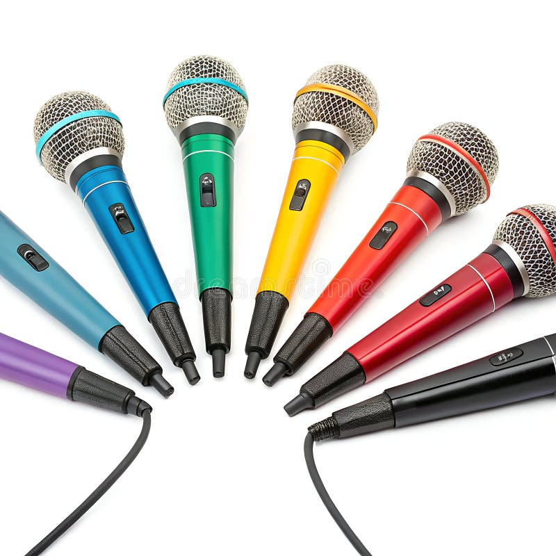 Different Multicolored Microphones Isolated on White Background Stock ...