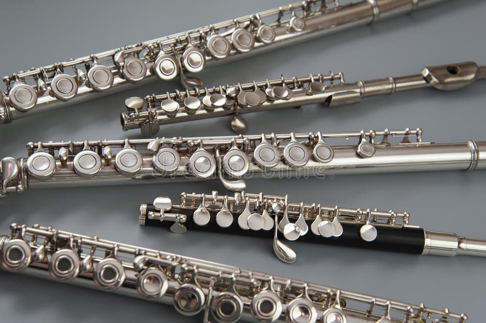 Different Musical Instruments Flute Stacked on a Gray Surface Stock ...