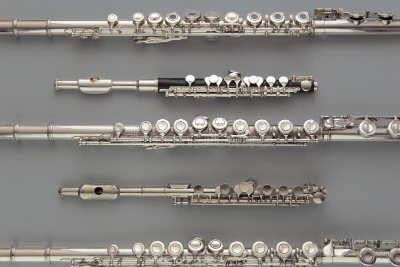 Different Musical Instruments Flute Stacked on a Gray Surface Stock ...