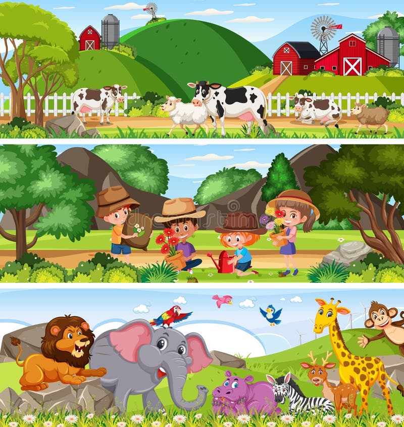 Different Nature Landscape at Daytime Scene with Cartoon Character ...